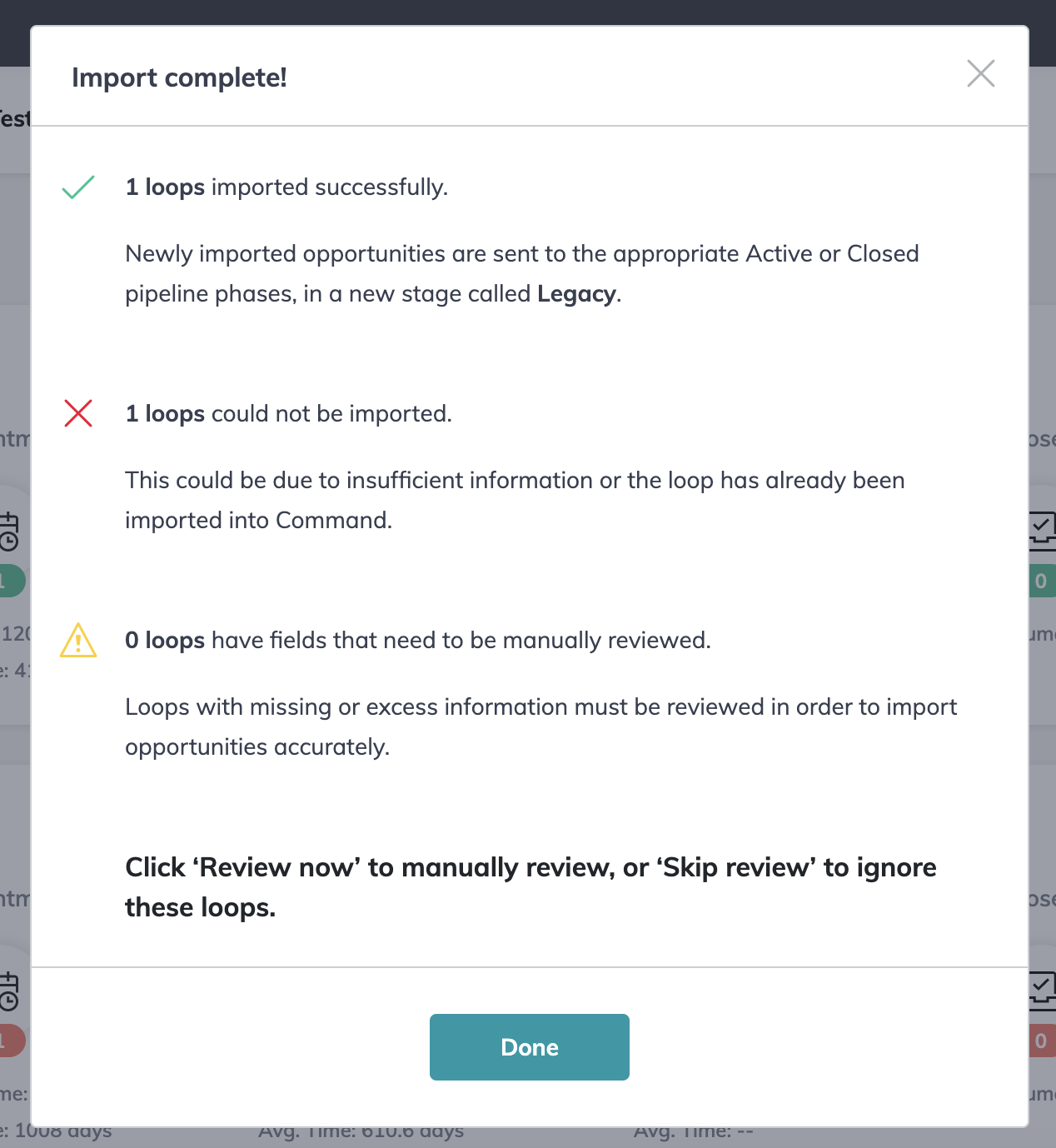 Importing Completed Loops into Command